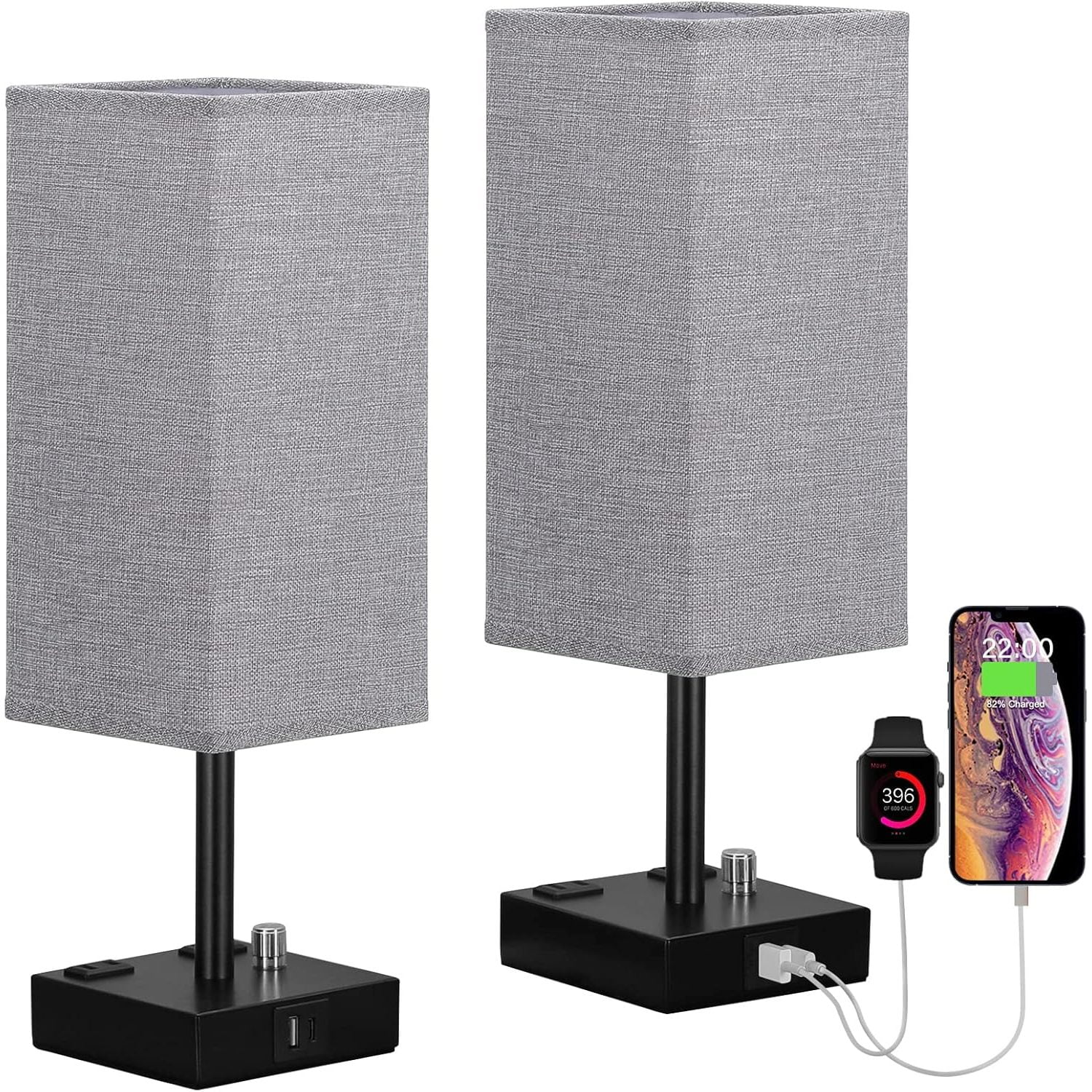 Gray Fully Dimmable Nightstand Lamps Set of 2 - Table Bedside Lamp with ...