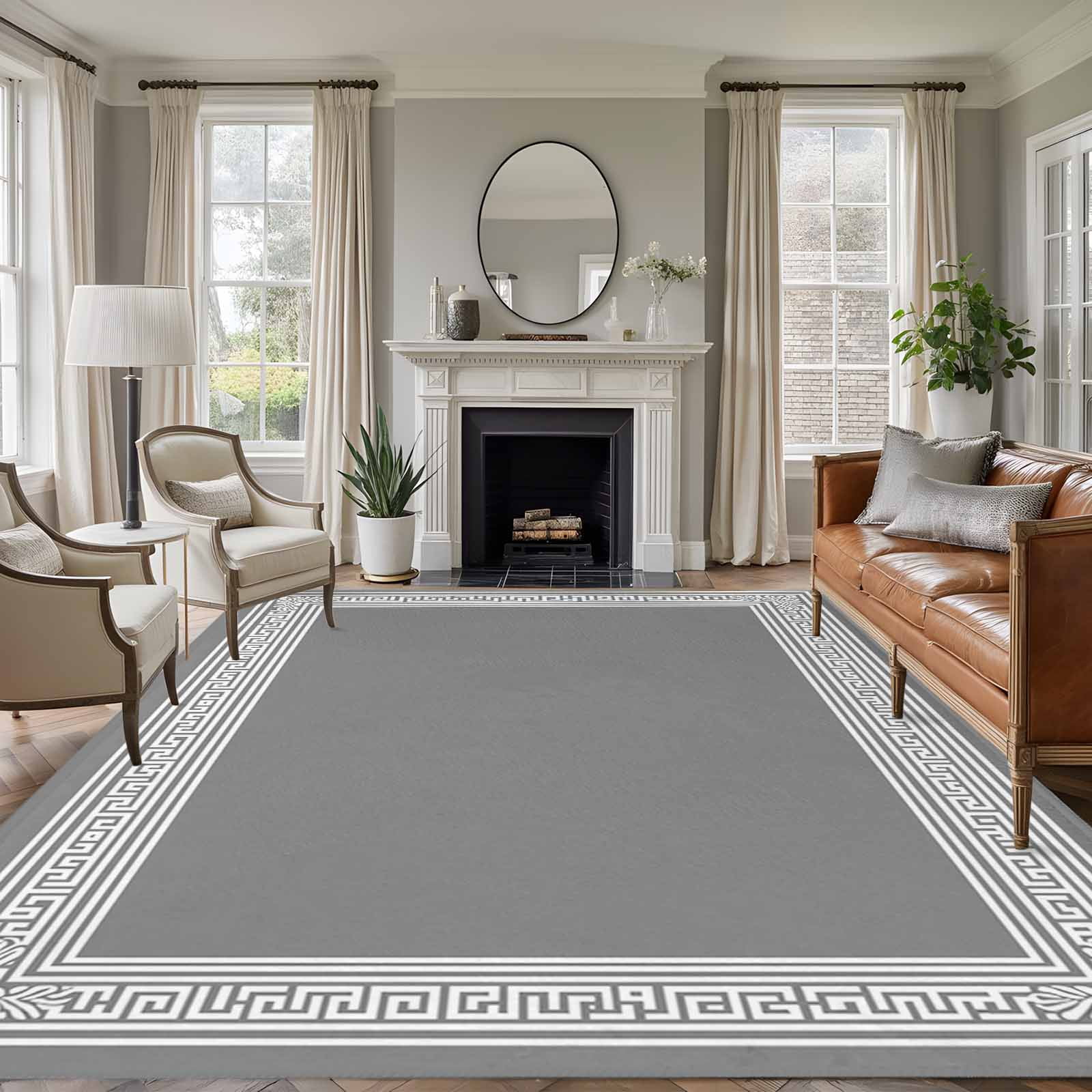 Gray Geometric 6x9 Area Rugs, White Greek Key Design Abstract Modern ...