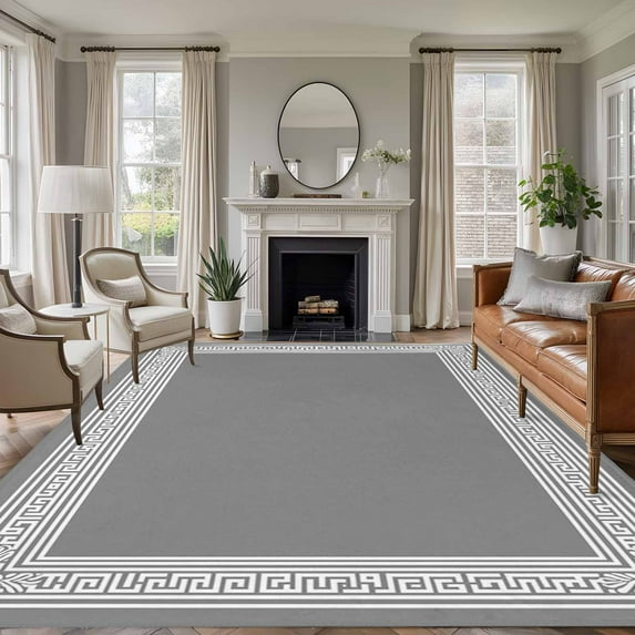 Gray Geometric 8x10 Area Rugs, White Greek Key Design Abstract Modern ...