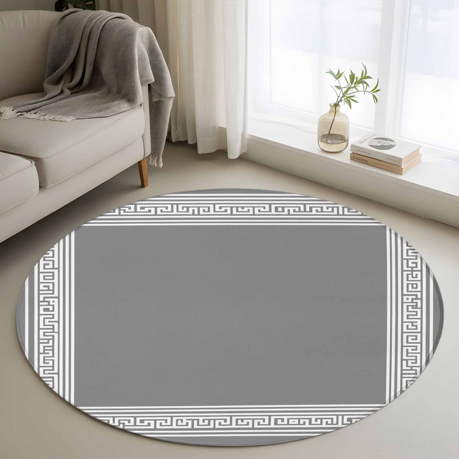 Gray Geometric Round Rugs 3.3ft, White Greek Key Design Abstract Modern ...