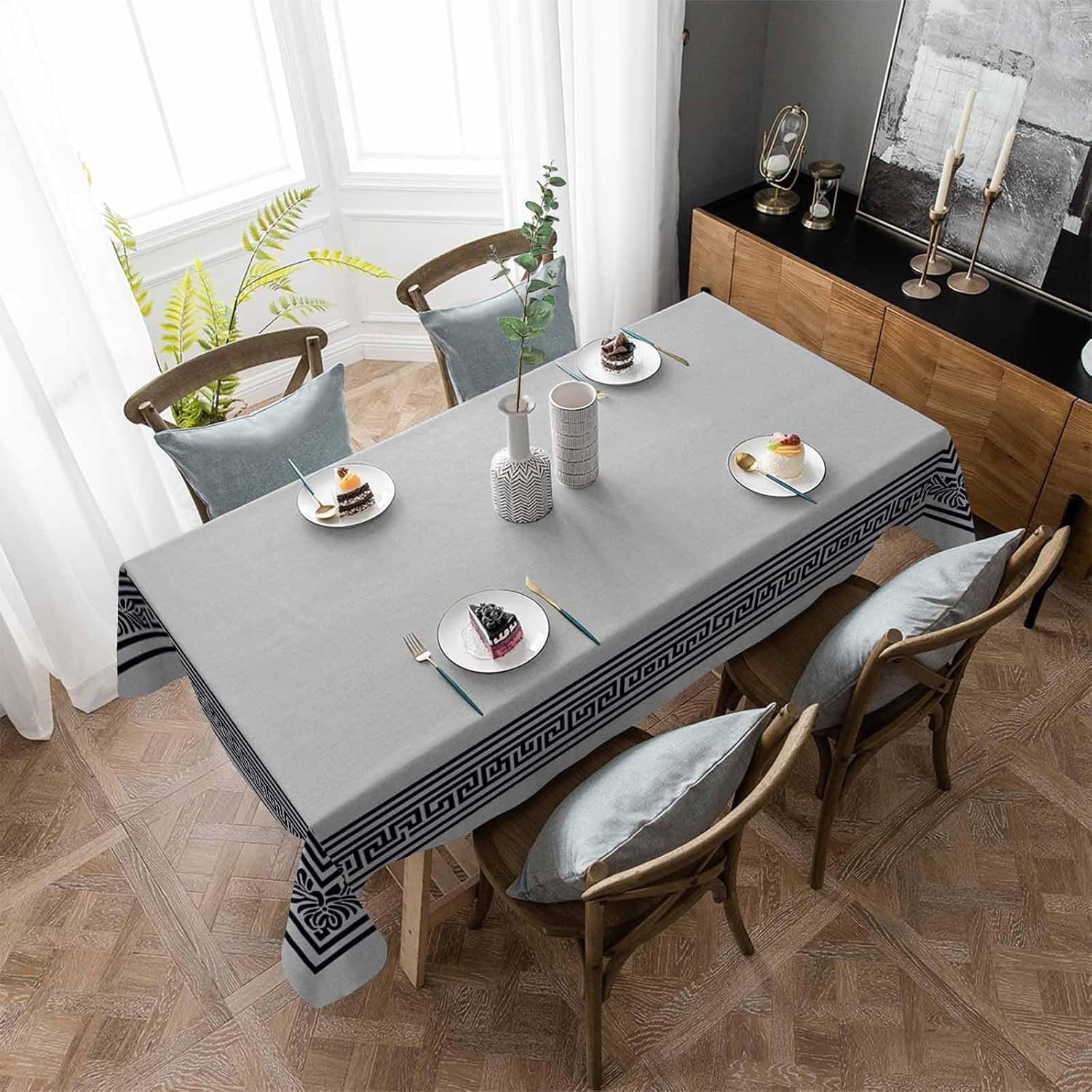 Gray Geometric Table cloth Waterproof Tablecloths, Black Greek Key ...