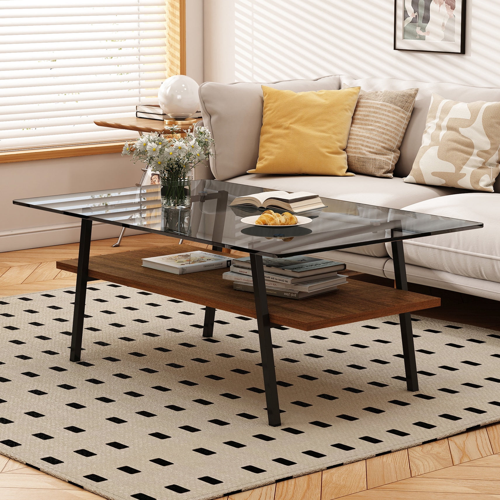 Gray Glass Coffee Table Supported by Metal Legs and MDF Base ...