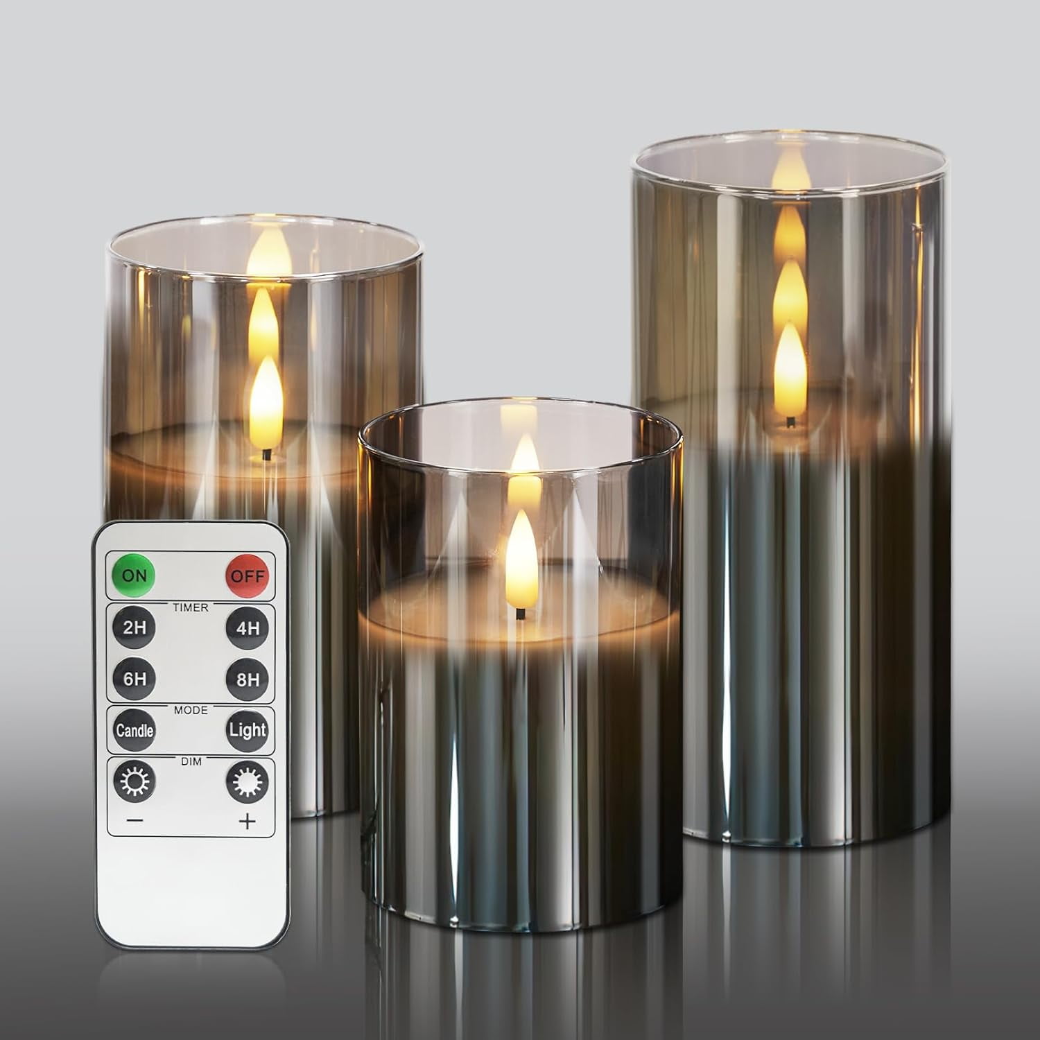 Gray Glass Flameless Candles with Remote Timer, Real Wax Battery ...