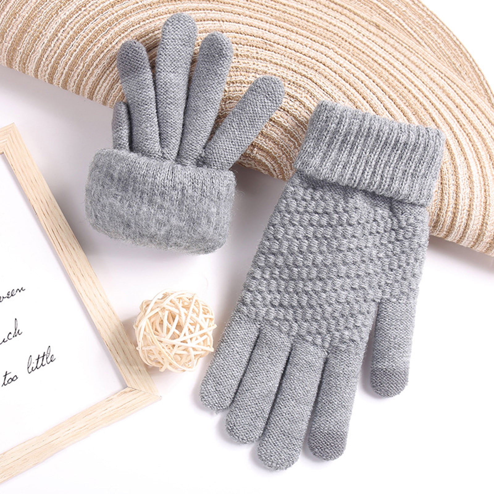 Gray Gloves Mittens Winter Jacquard Mesh Gloves Women'S Knitted Plus ...