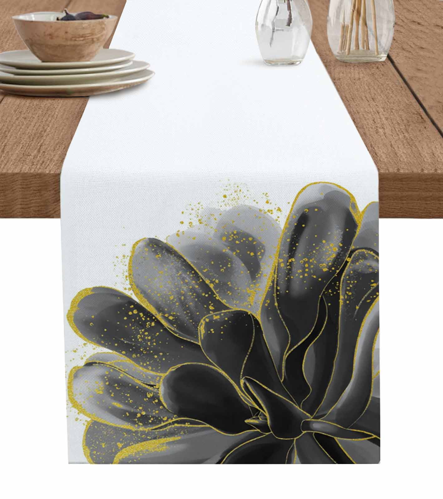 Gray Gold Flower Short Table Runners 48 Inches, Cotton Linen Fabric ...