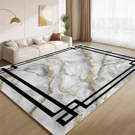 Gray Gold Marble Rug 4x5ft Area Rugs Black Border Art Rugs Non Slip Low ...