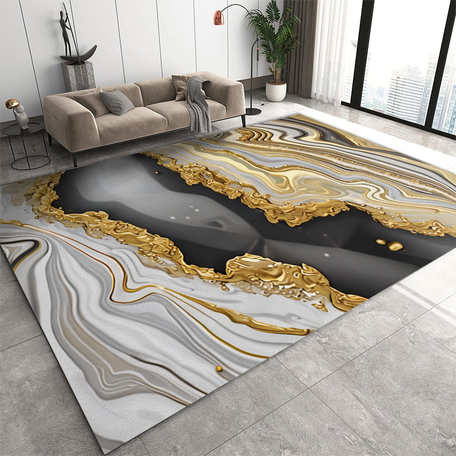 Gray Golden Marble Bedroom Area Rug, Light Luxury Black And White Gold ...