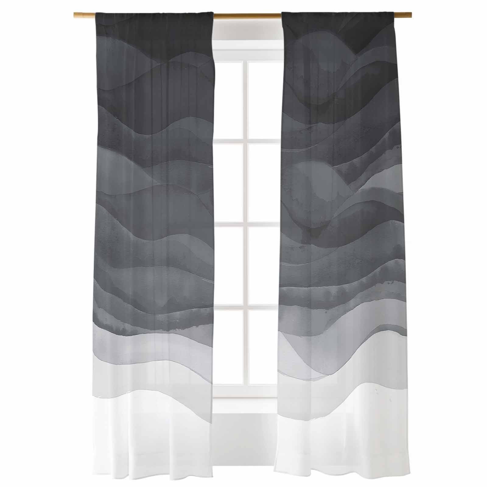 Gray Gradient Sheer Curtains 2 Panels Set, Abstract Ocean Wave Window ...
