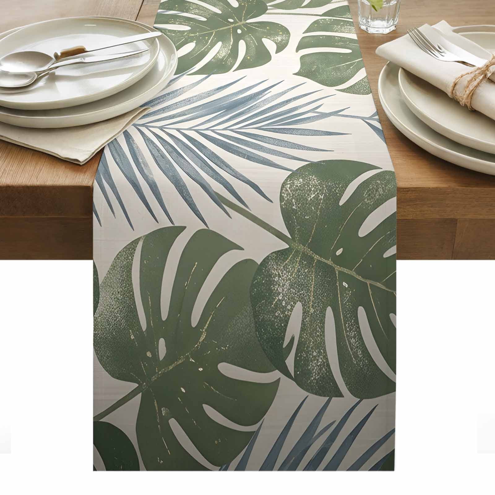 Gray Green Leaves Cotton Linen Table Runner Summer Plant Monstera ...
