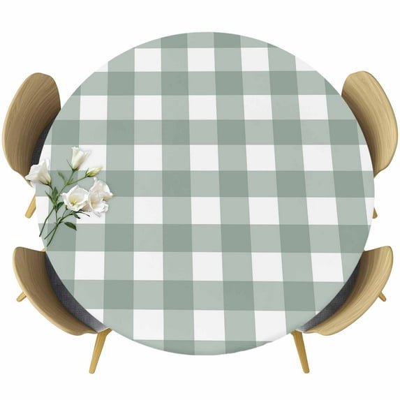 Gray Green Plaid Round Fitted Tablecloth with Elastic Edge, Gray Green ...