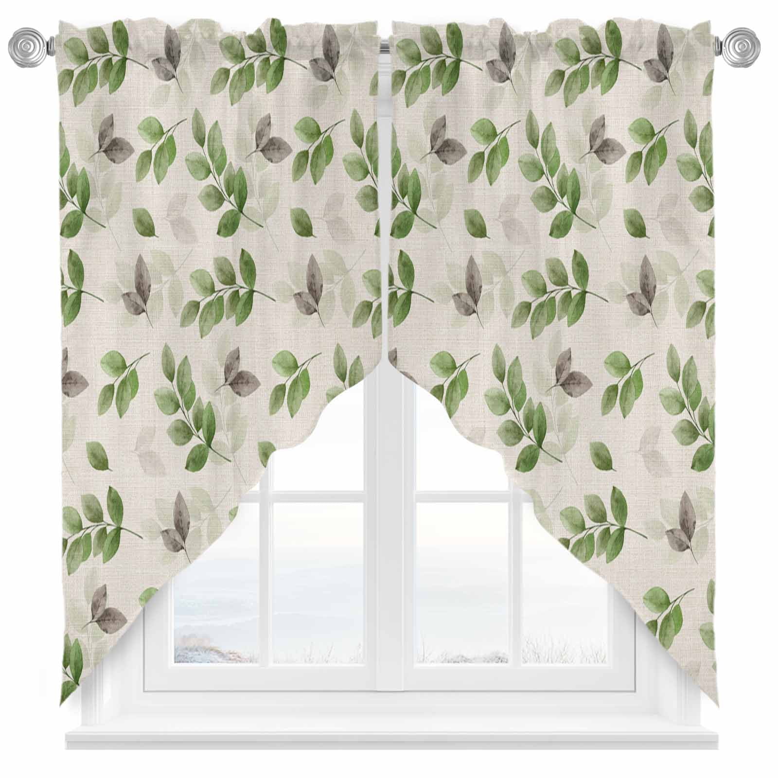 Gray Green Swag Valances for Windows 2 Pack Eucalyptus Leaves Linen ...