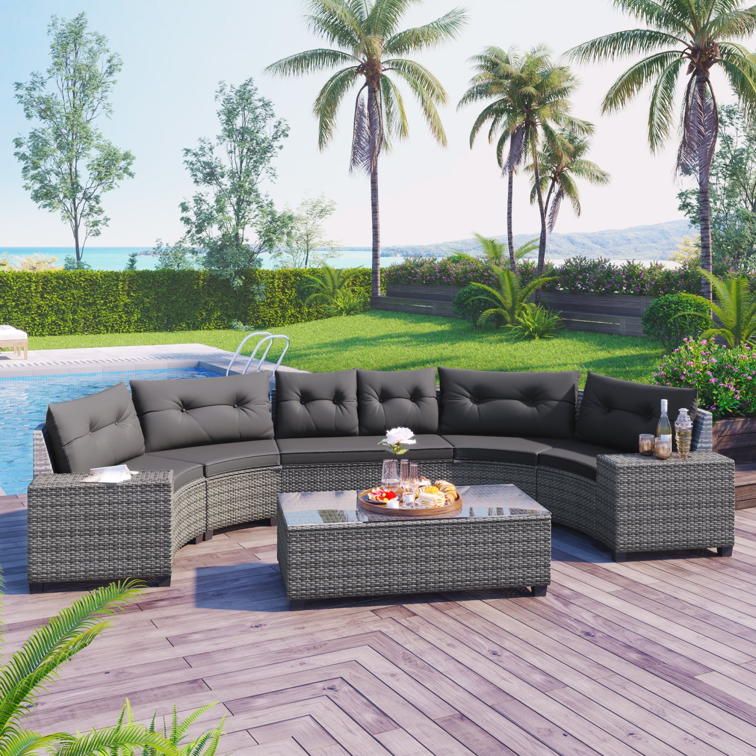 Gray Half-Moon Curved Outdoor Wicker Sofa Set PE Rattan All Weather ...