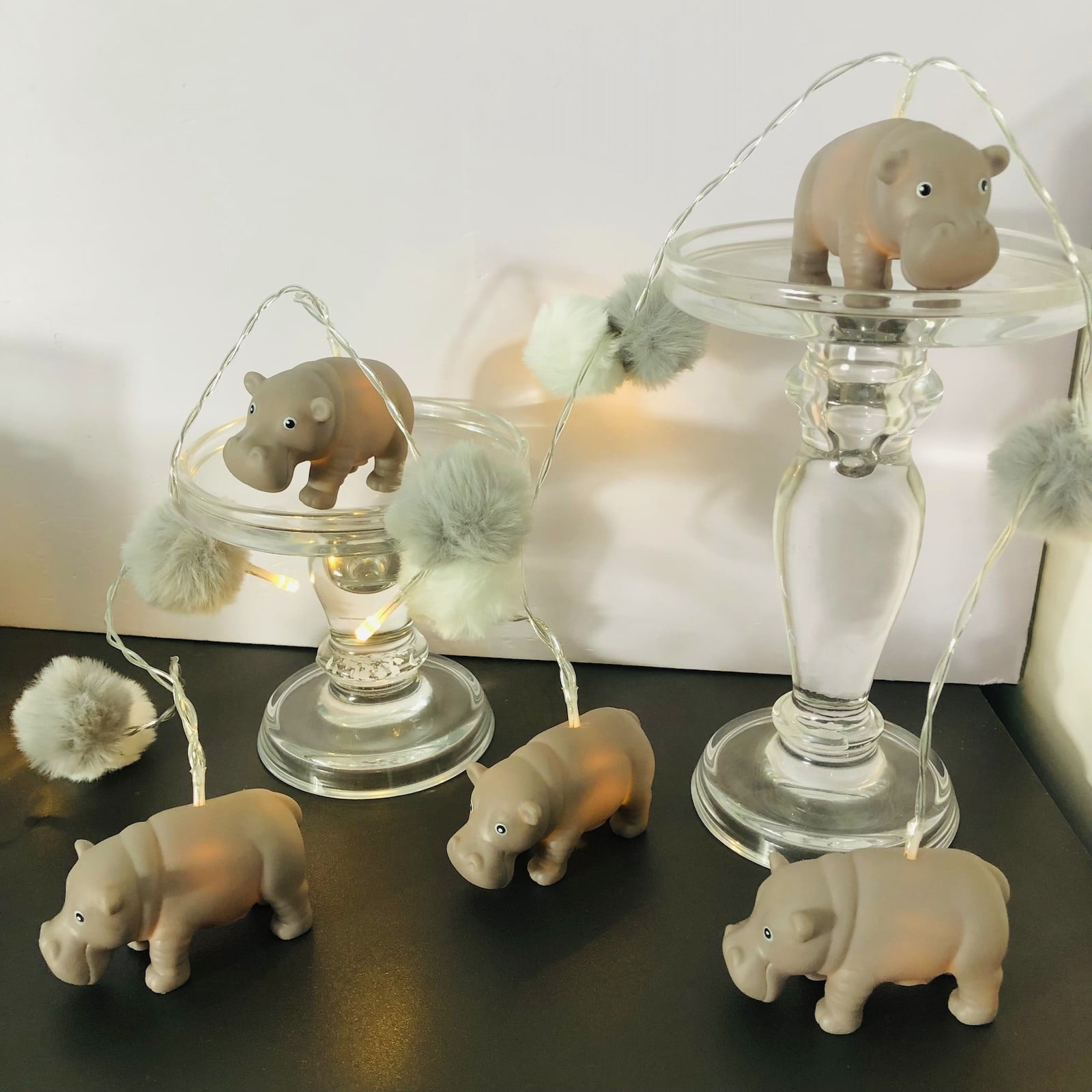Gray Hippo Pom Poms String Lights Battery Operated Hippo Lights for ...