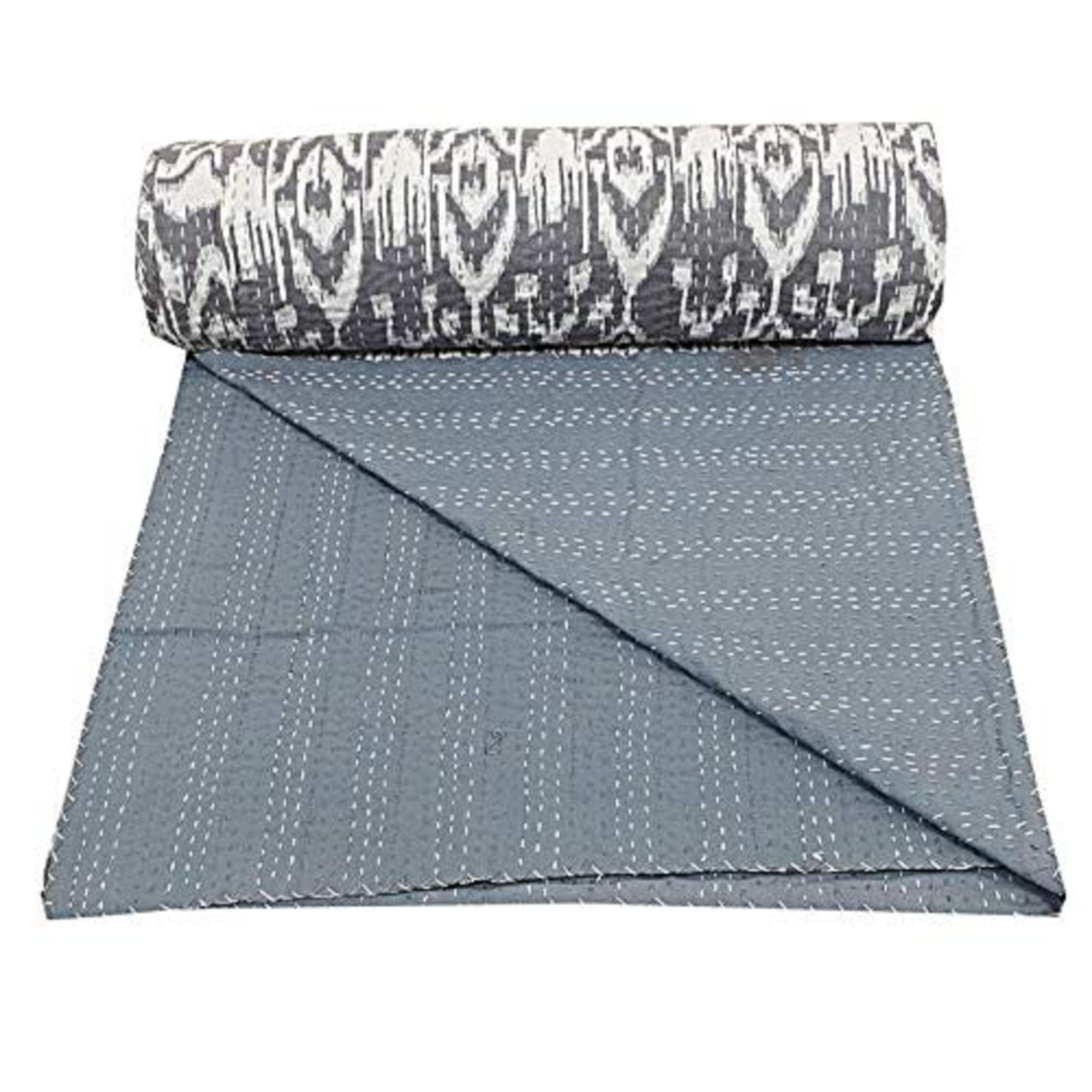Gray Ikat Hand Block Print Kantha Quilt, Indian Kantha Quilt, Bedspread ...
