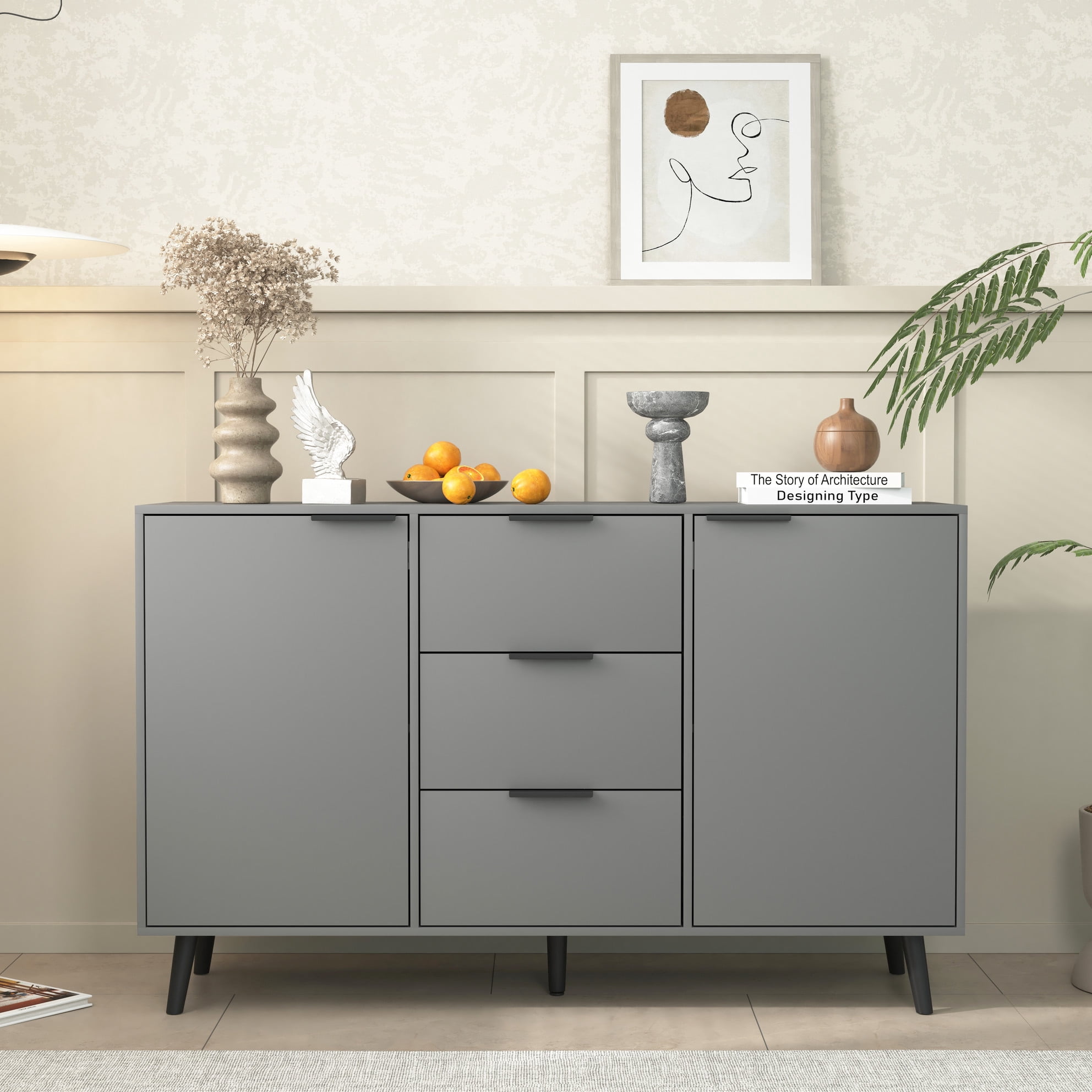 Gray Kitchen Buffet Sideboard Cabinet - 47.2" With Storage For ...