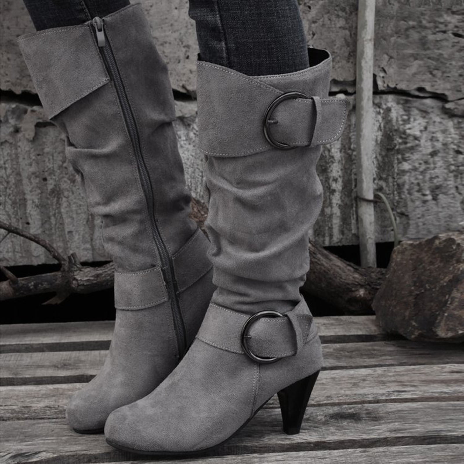 Gray Knee High Boots Fof Women Kitten Heel Round Toe Double Buckle ...