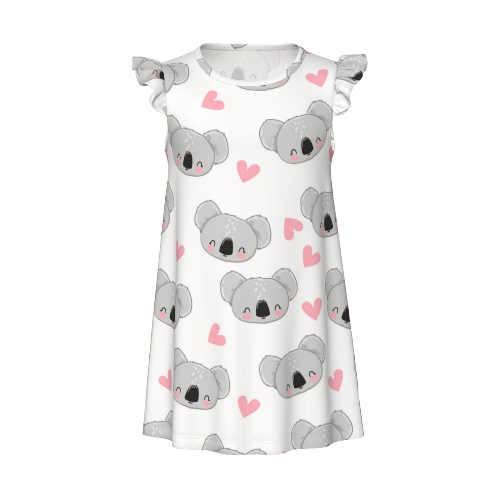 Gray Koala Pink Heart Girls Nightgowns, Flutter Sleeve Pajamas ...