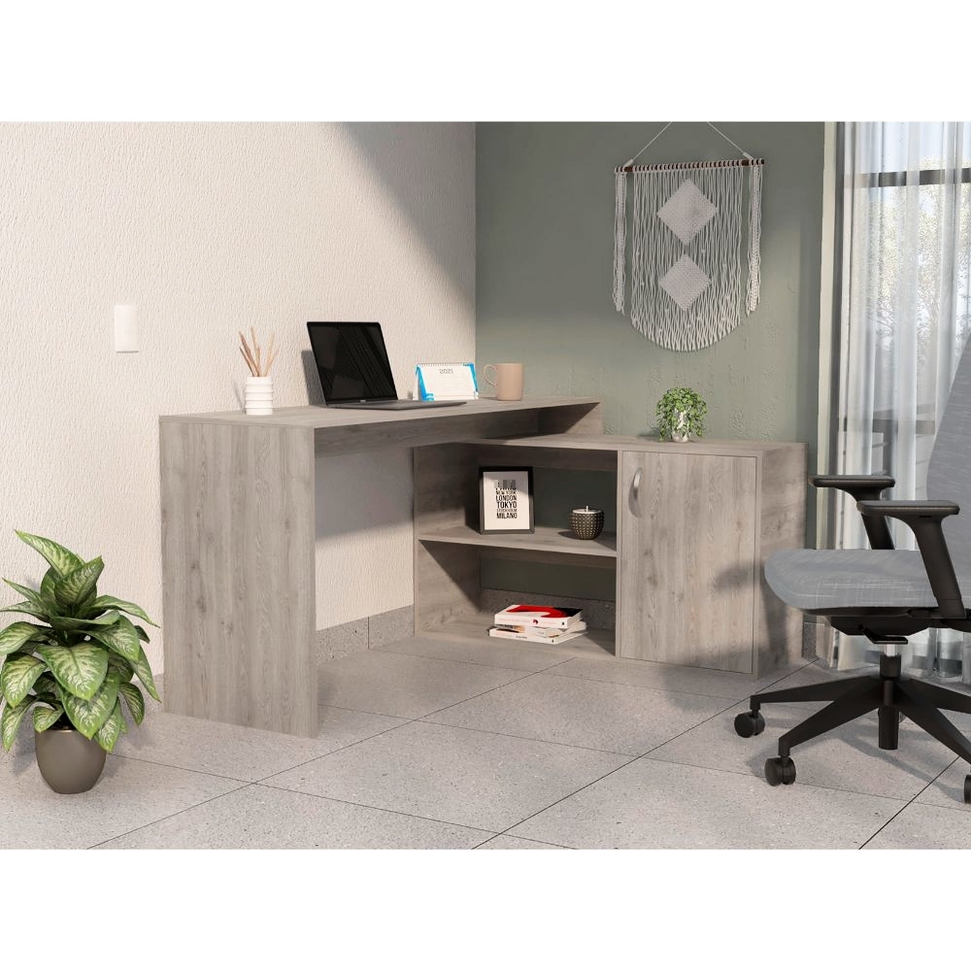 Gray L-shaped Desk With 1 Door And 4 Shelves For Stylish Home Study ...