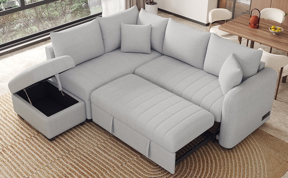 Gray L-shaped Sectional Pull-Out Sleeper Sofa with USB Ports, Power ...