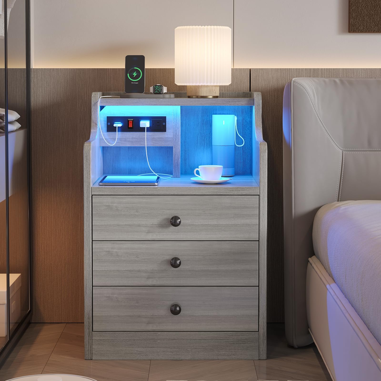 Walmart Gray LED Nightstand with USB Ports, Power Outlets, LED Lights ...