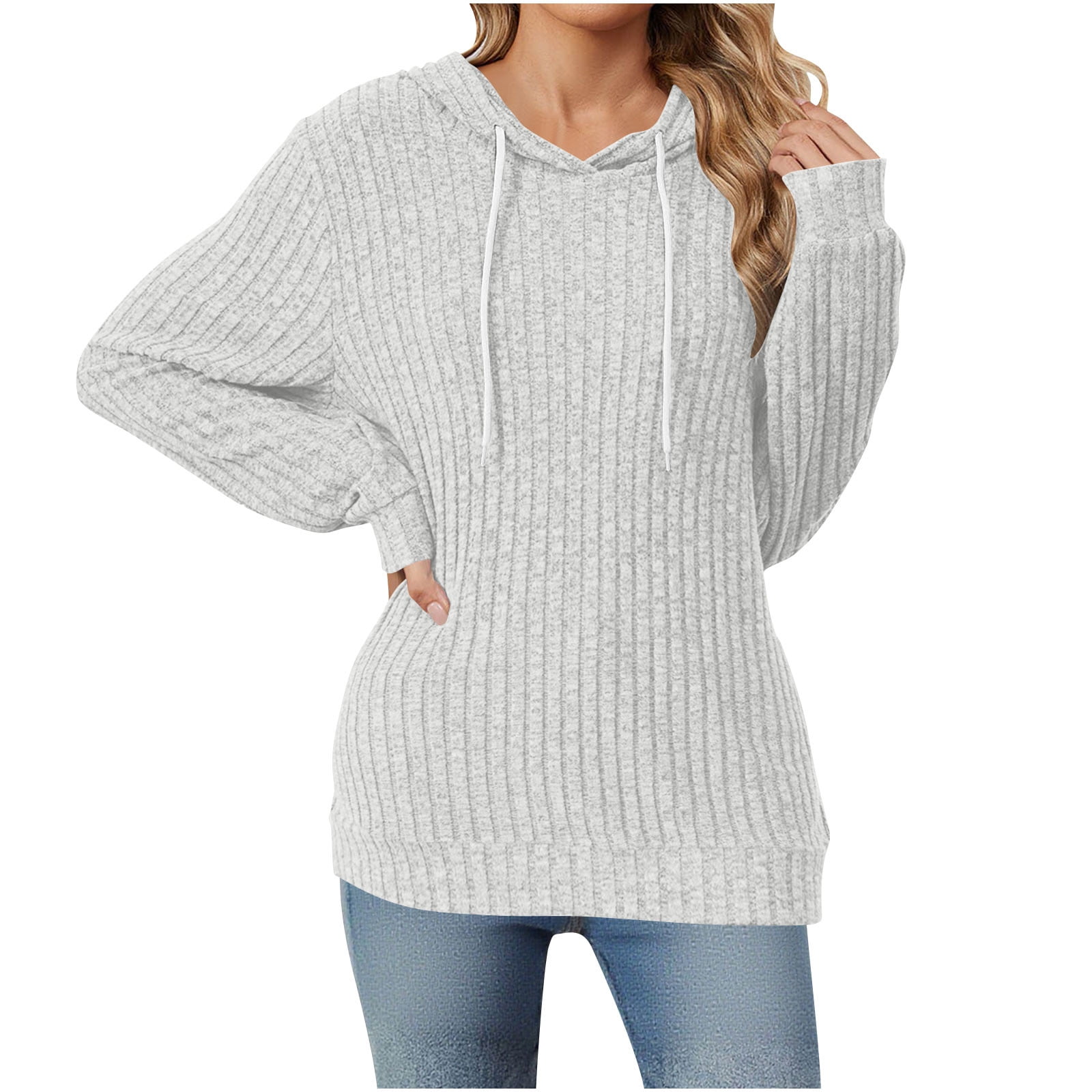 Gray Ladies Long Sleeve Hoods Coat for Women Crew V Neck Spandex Lounge ...