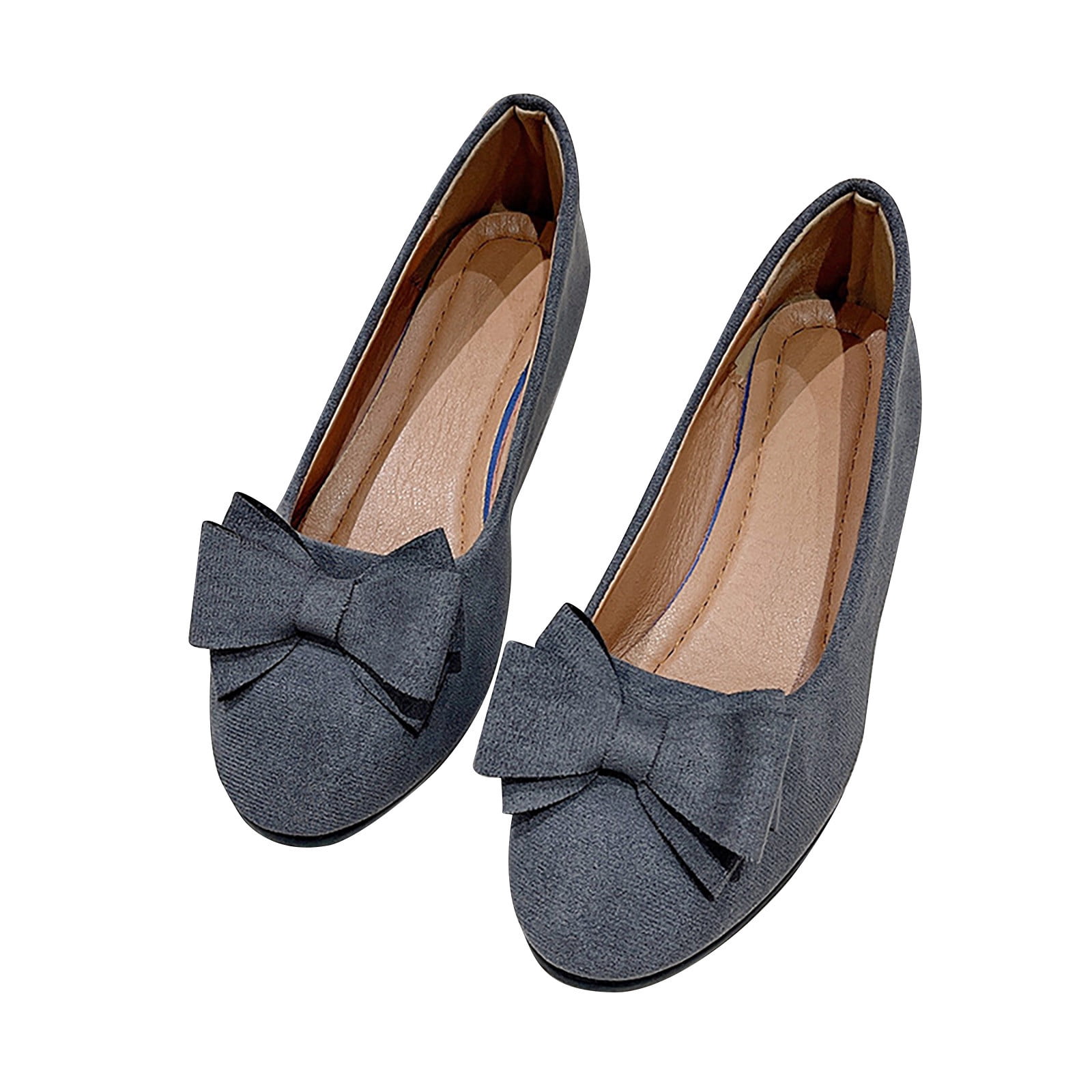 Gray Ladies Suede Round Toe Flat Casual Slip On Bow Detail Loafers ...