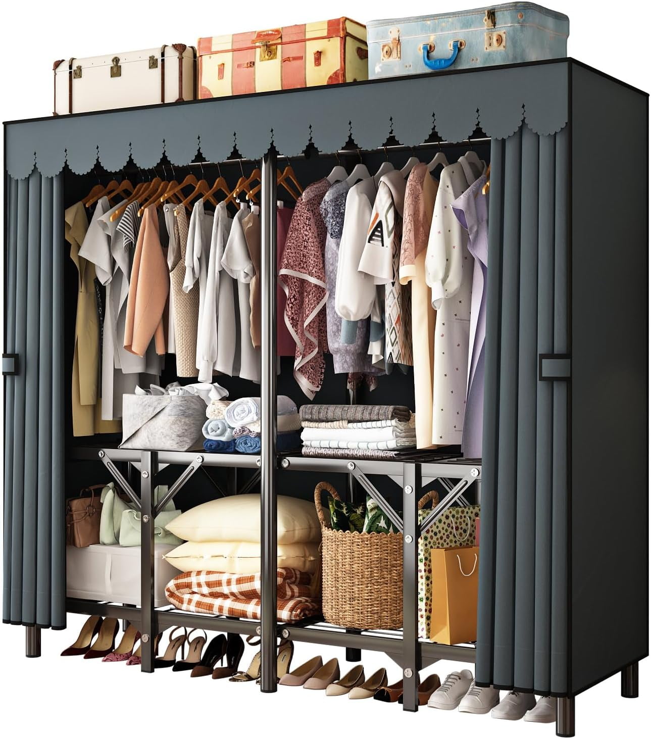 Gray Large Portable Armoire Wardrobe Closet with Foldable Clothing ...