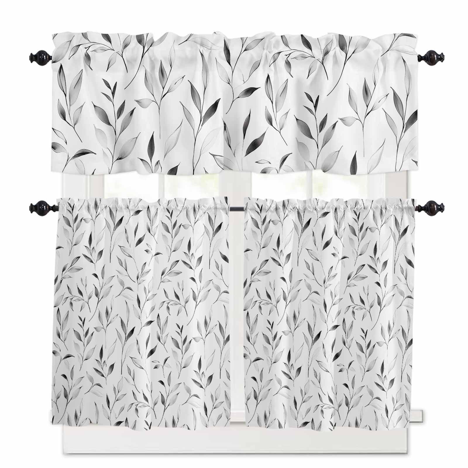 Gray Leaf Kitchen Curtains Set for Windows 3 Pieces,24 Inch Length Tier ...