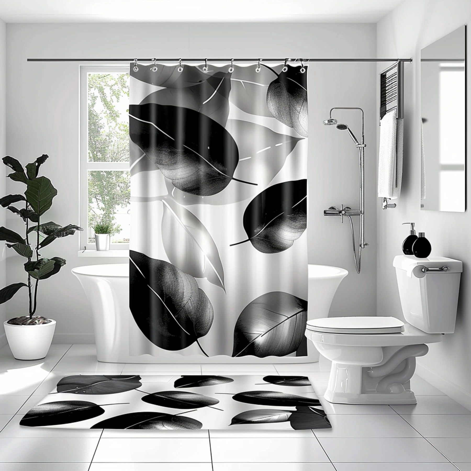 Gray Leaf Pattern Shower Curtain Elegant Monochrome Bathroom Decor ...