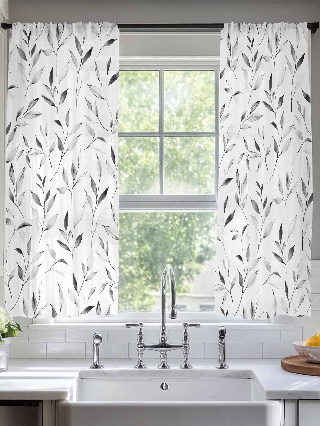Gray Leaf Sheer Curtains 72 Inches Long 2 Panels Abstract Countryside ...