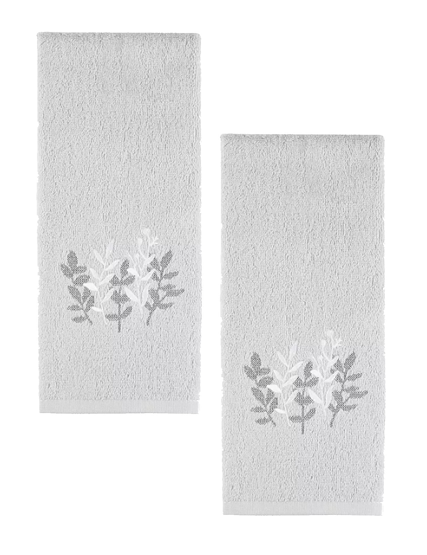 Gray Leaves Bath Hand Towels, 2 Piece, Embroidery Stems Bathroom The ...