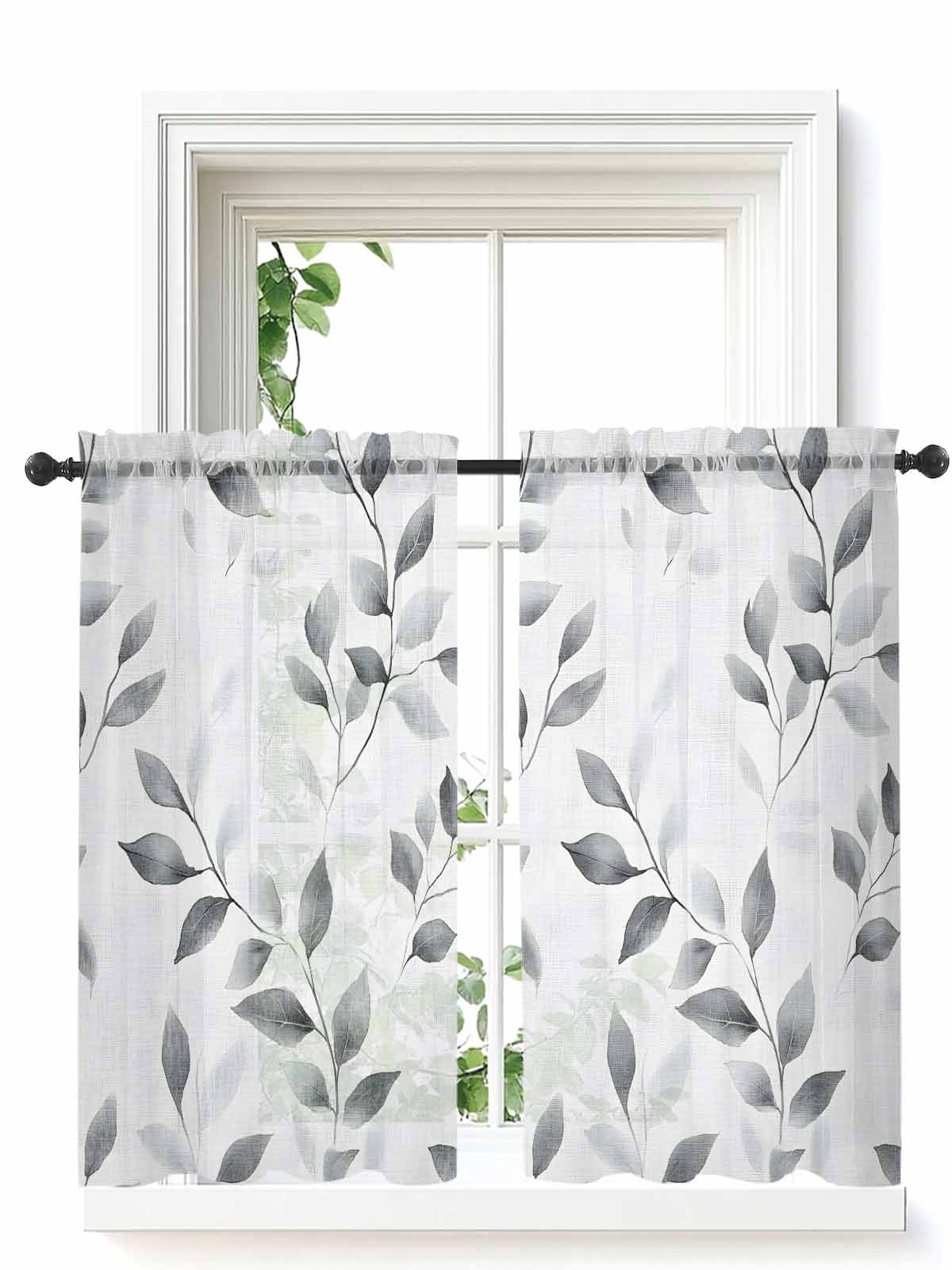 Gray Leaves Curtains 45 Inch Length, Sheer Curtains for Bedroom Living ...