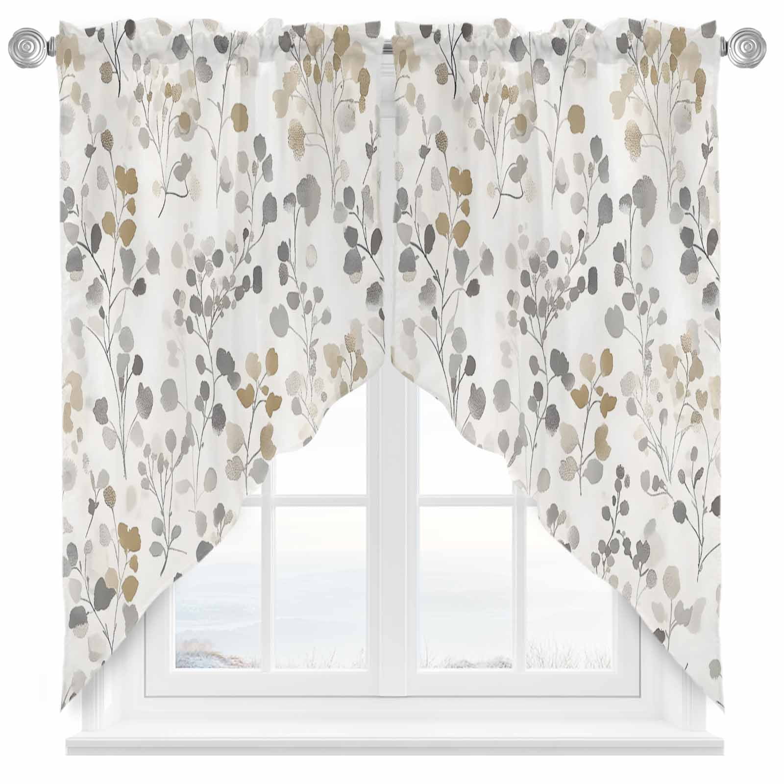 Gray Leaves Swag Curtain Valance for Windows, Watercolor Leaf Country ...