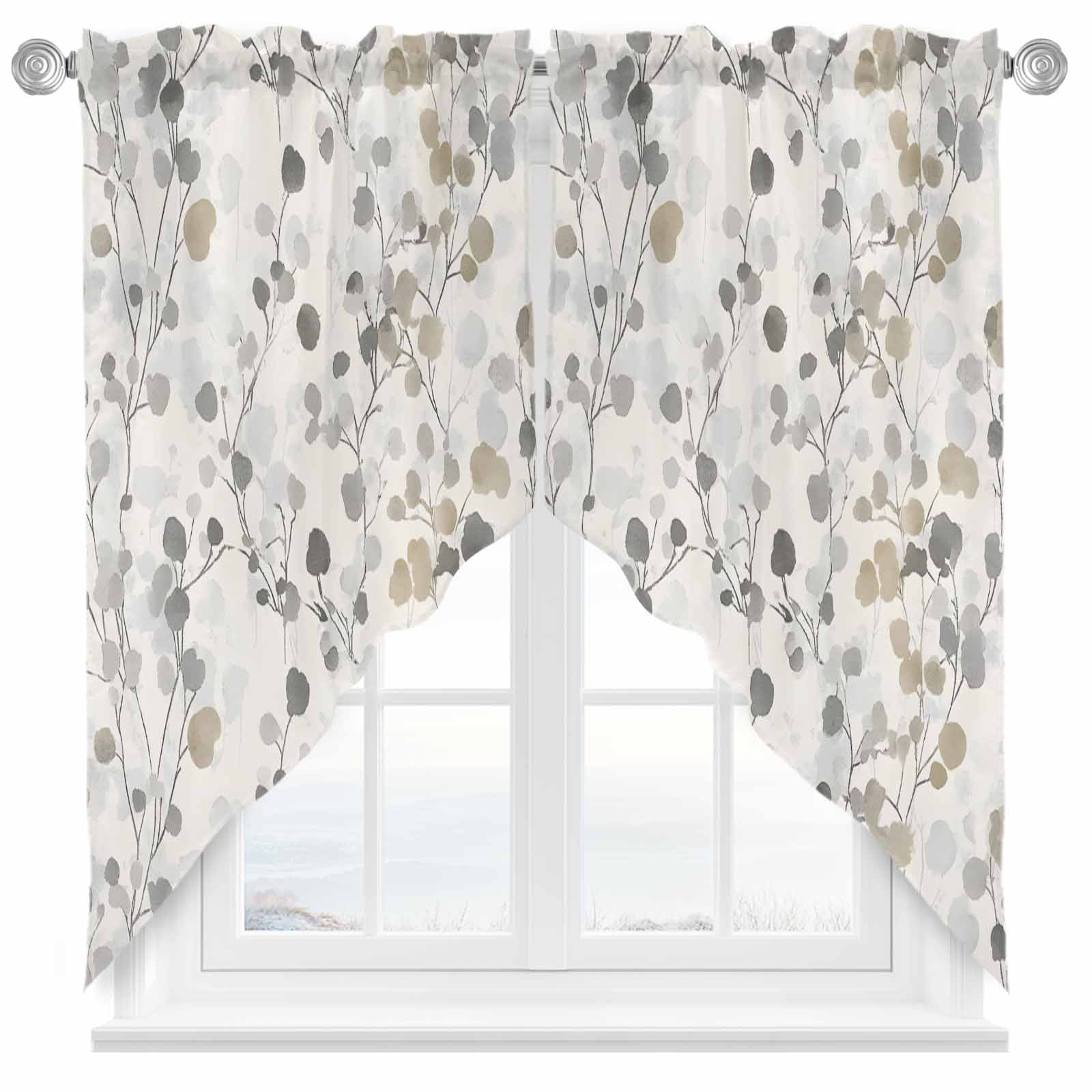 Gray Leaves Swag Curtain Valance for Windows, Watercolor Leaf Farmhouse ...