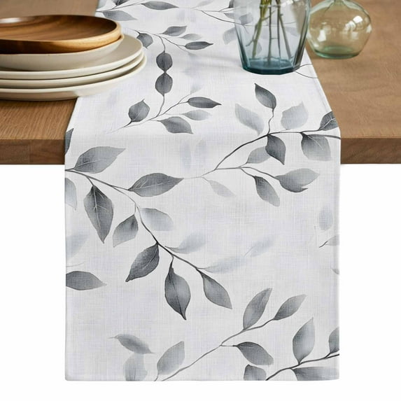 Gray Leaves Table Runner, Spring Rustic Branches Botanical Washable ...