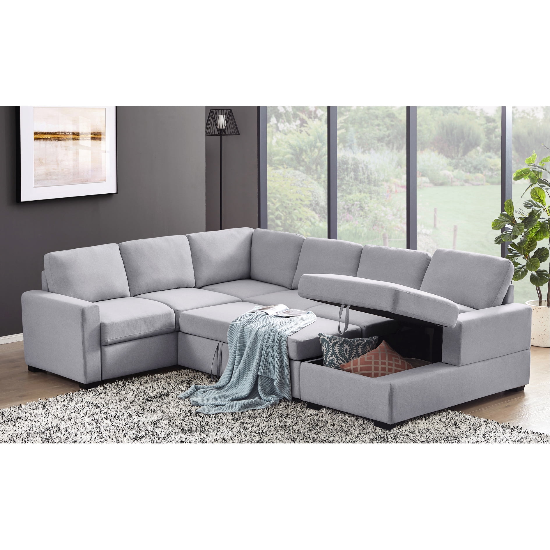 Gray Linen Sectional With Storage Compartment And Foam Cushions Pull ...