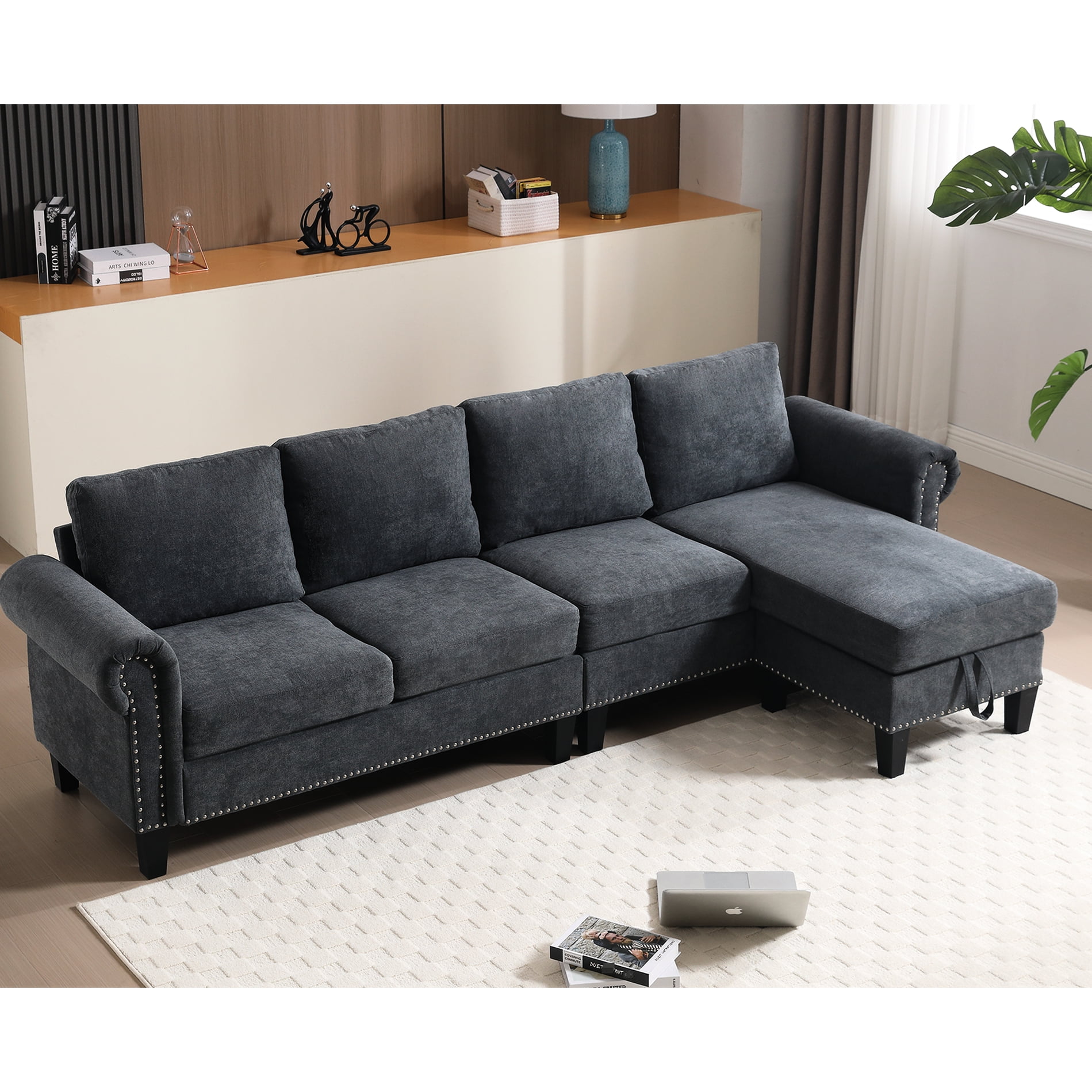 Gray Living Room Sectional Couch With Storage, 4, Linen Fabric ...