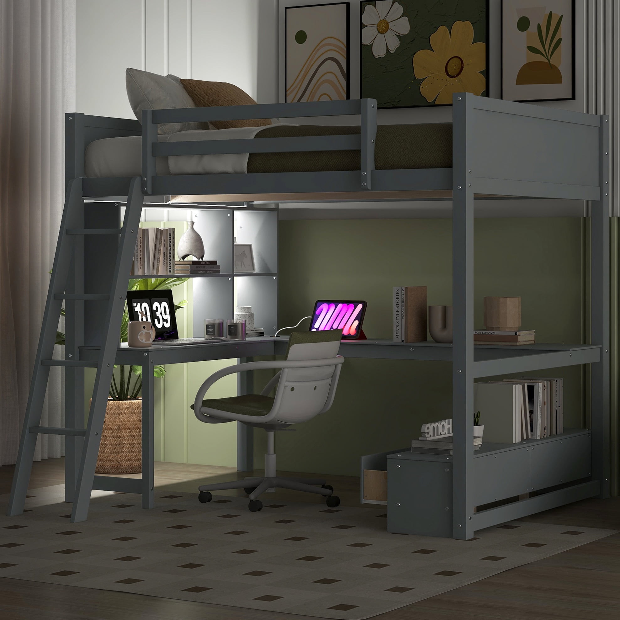 Gray Loft Bed With Practical Build, Desk, Led Charging, 2 Storage Bench ...