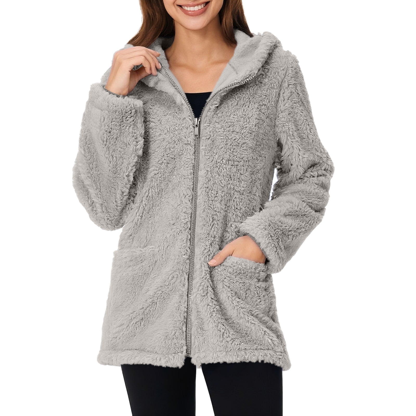 Gray Long Sleeve for Women Fall Winter Faux Lounge Warm Fuzzy with Hood ...