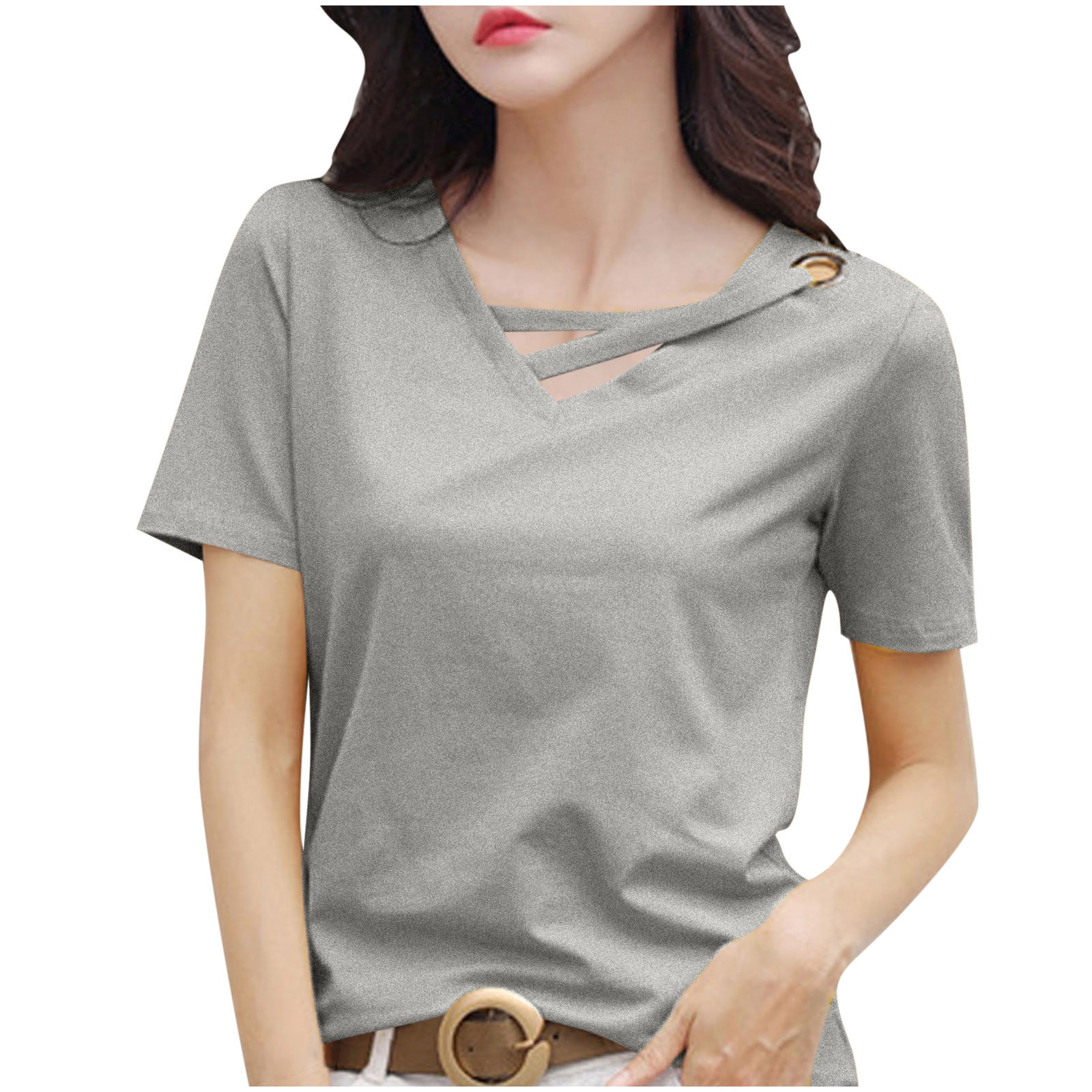Gray Loose Fit Plus Size Hoods for Women Winter Fall Short Sleeve V ...