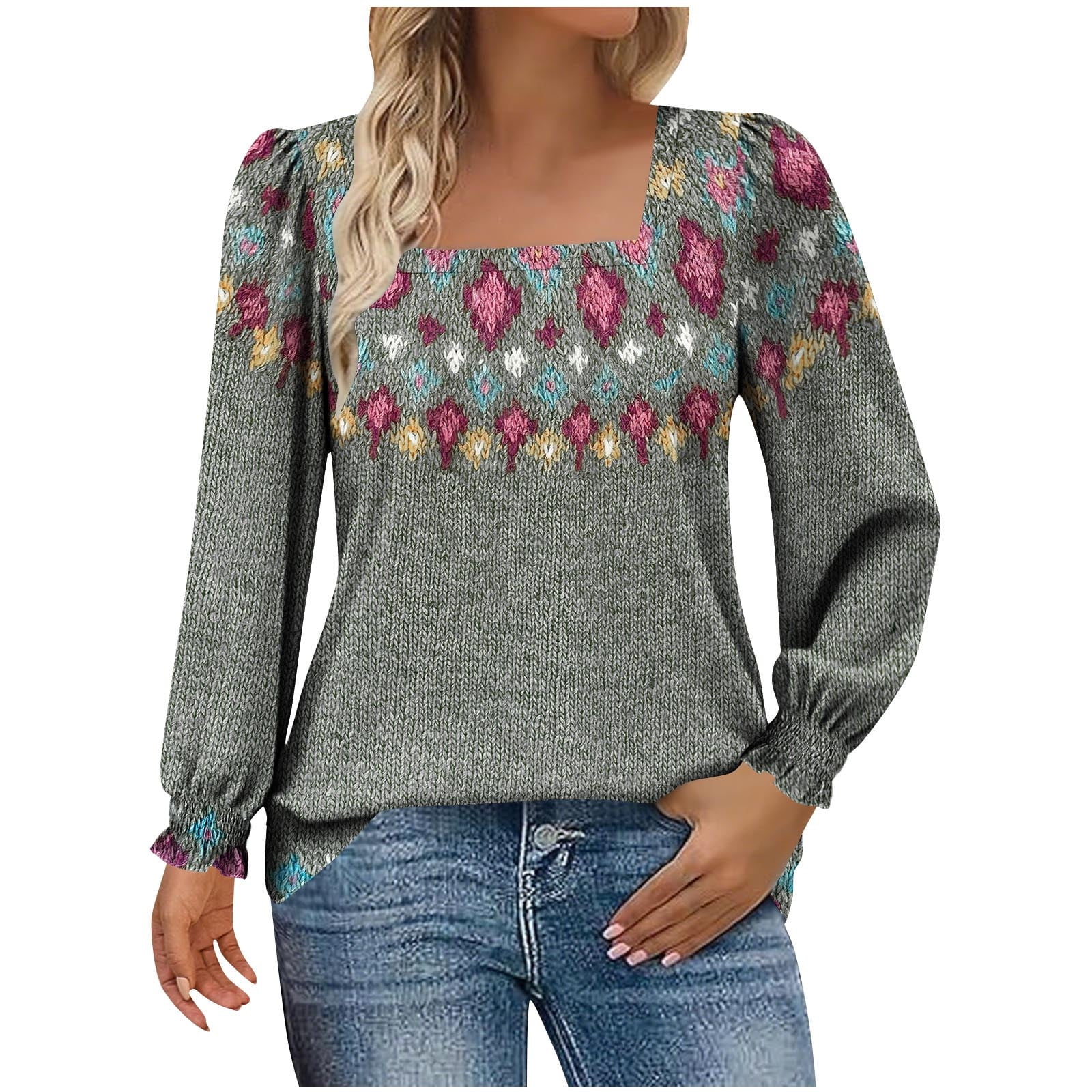 Gray Lounge Shirts for Women Fall Winter Long Puff Sleeve Collared ...