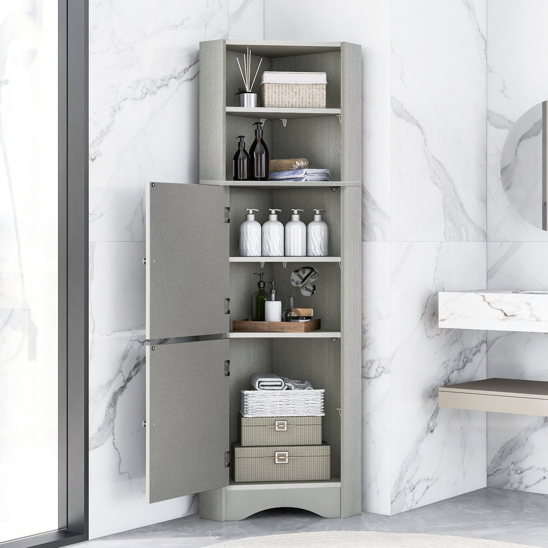 Gray MDF Bathroom Corner Unit | Movable Shelves for Flexible Storage ...