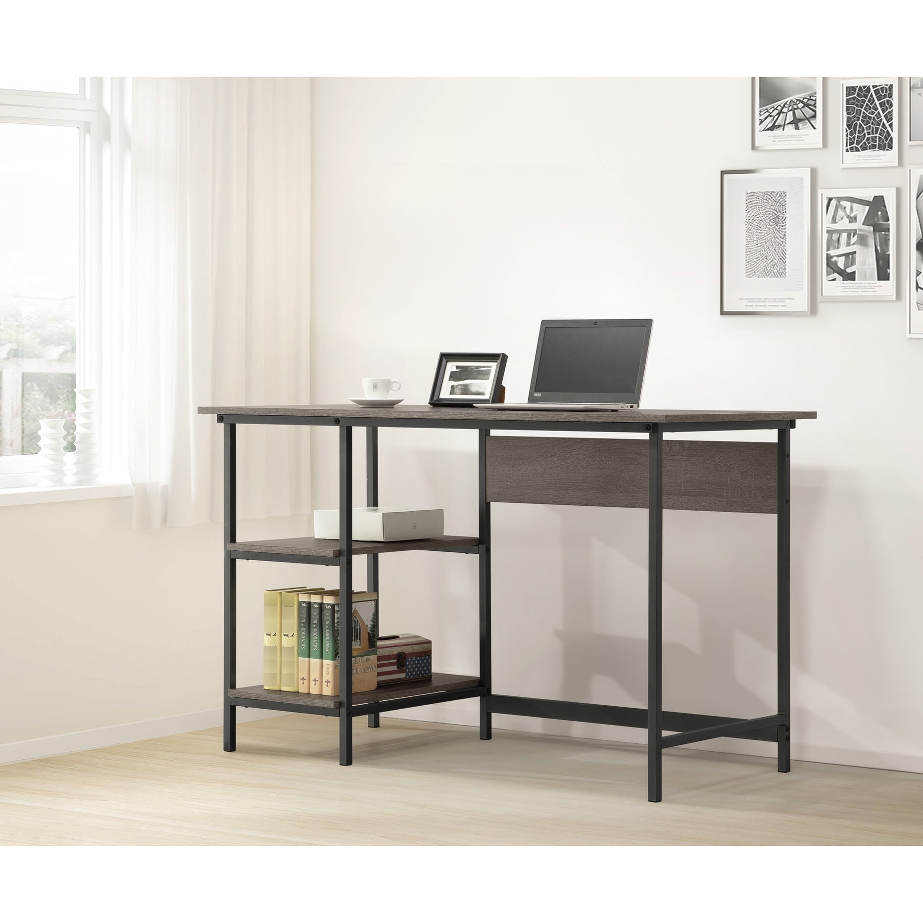 Gray MDF desk with open design and 2 storage shelves for space saving ...