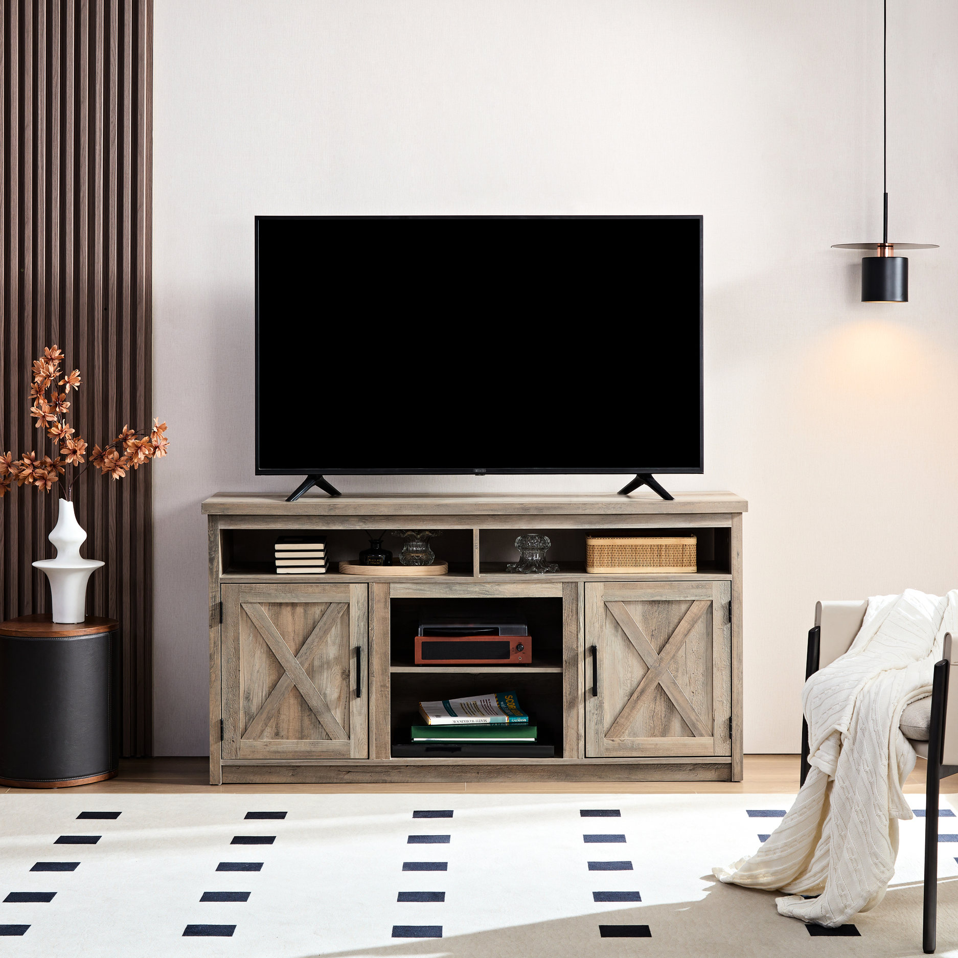 Gray MDF entertainment console with farmhouse style for TVs up to 65 ...