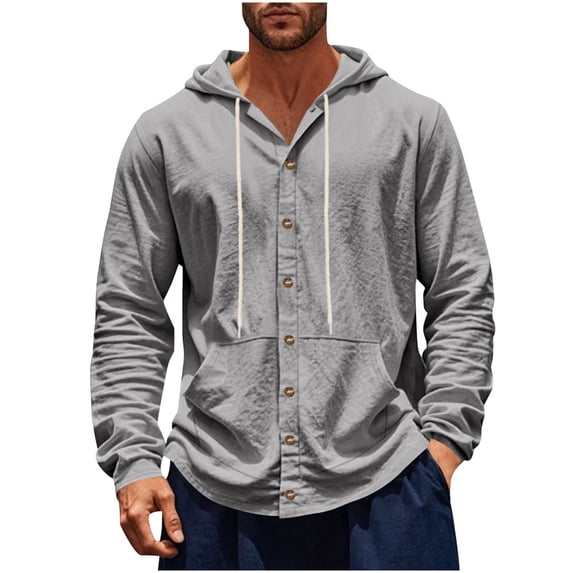 Gray Man Brunch Button Long Sleeve Hoods Outerwear for Mens Faux Linen ...