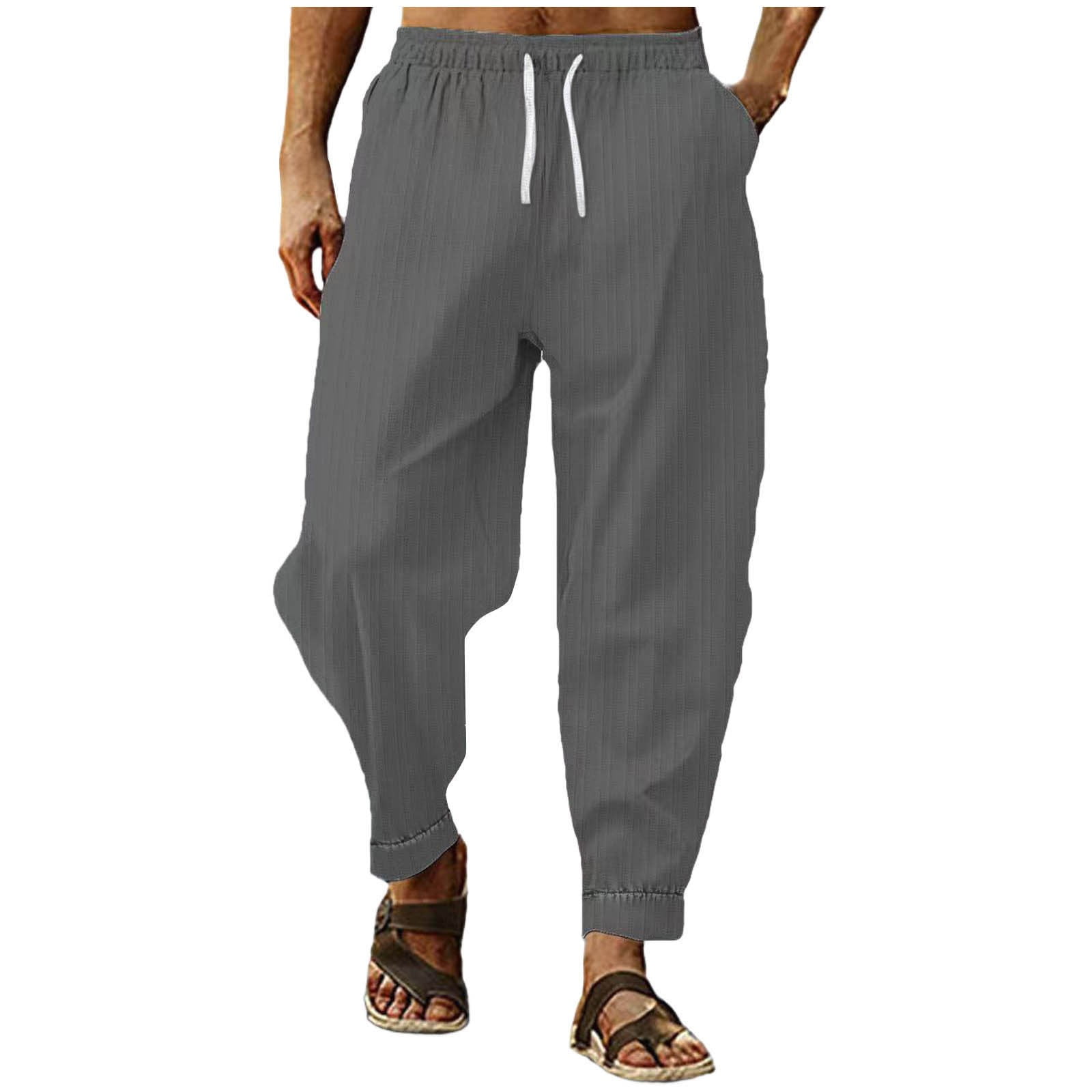 Gray Man Pants for Mens Faux Linen Thin Pleated Paperbag Straight Leg ...