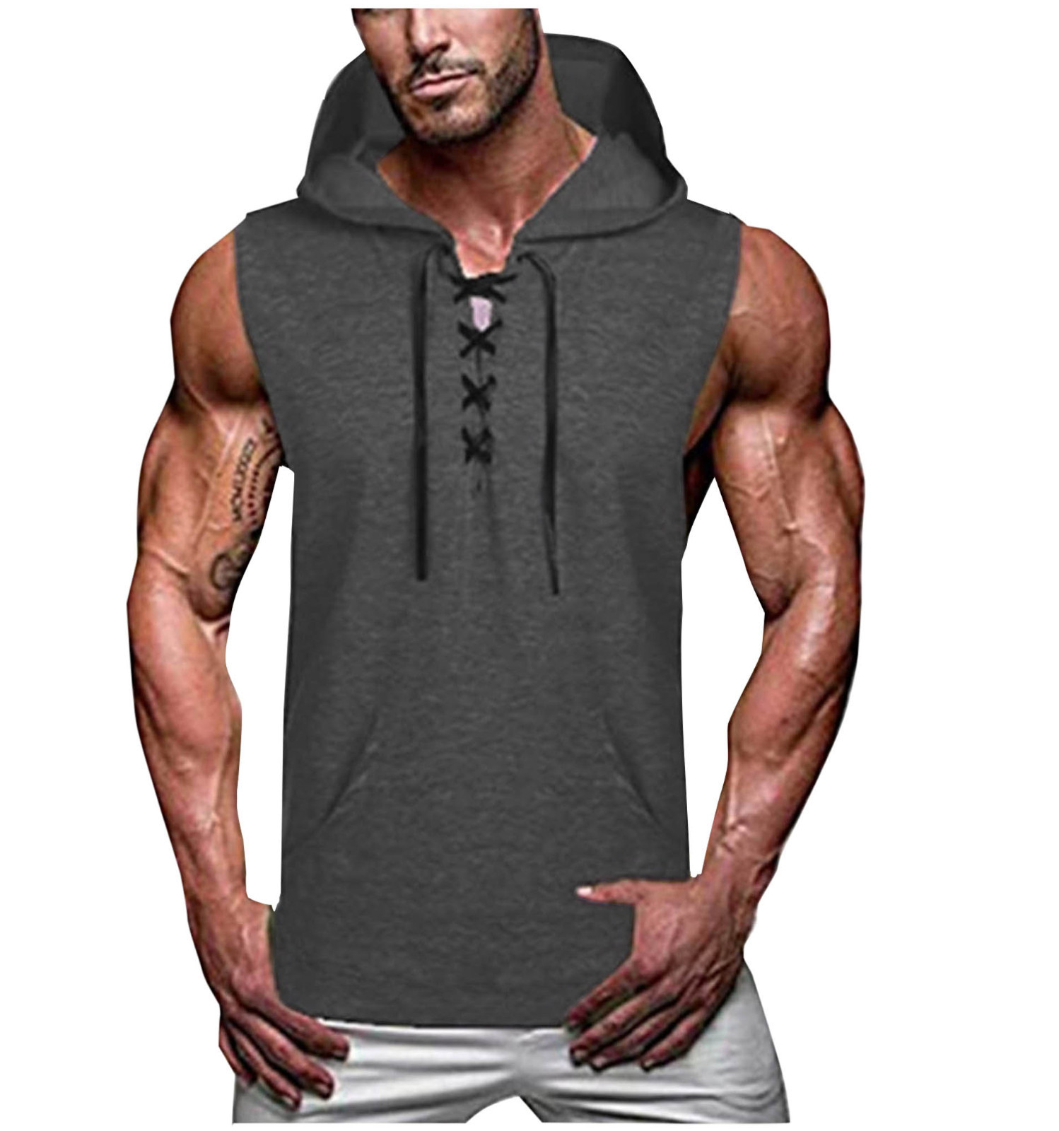 Gray Man Vest Hood Outfits for Mens Sleeveless Workout Athletic Casual ...