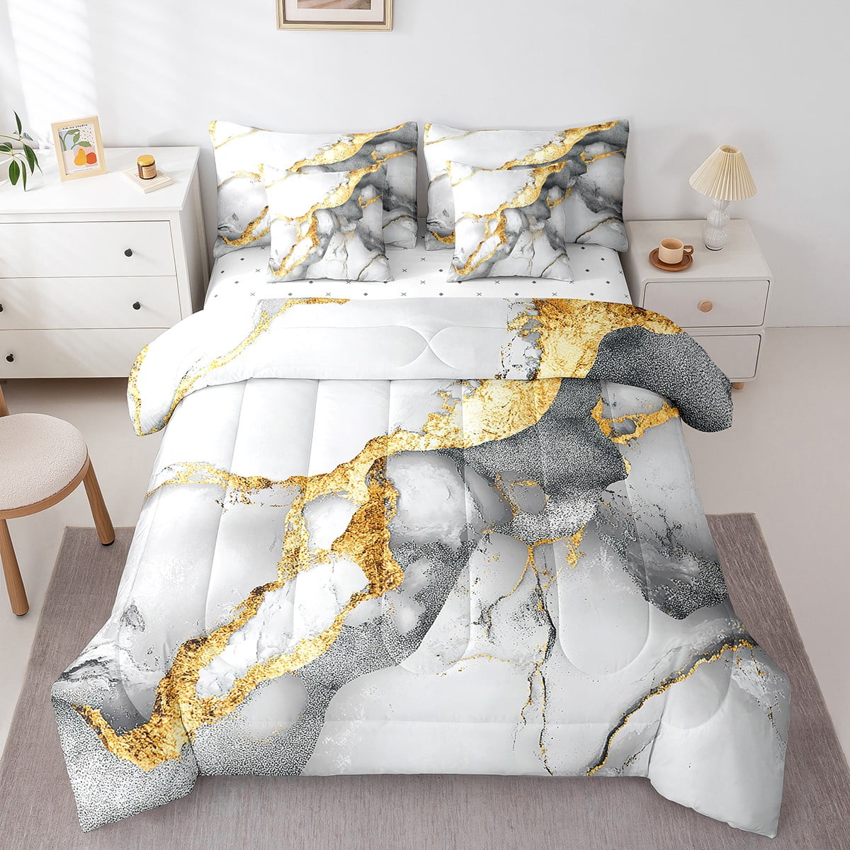 Gray Marble Bedding Set Queen Size Gold Metallic Comforter 7 Pieces ...
