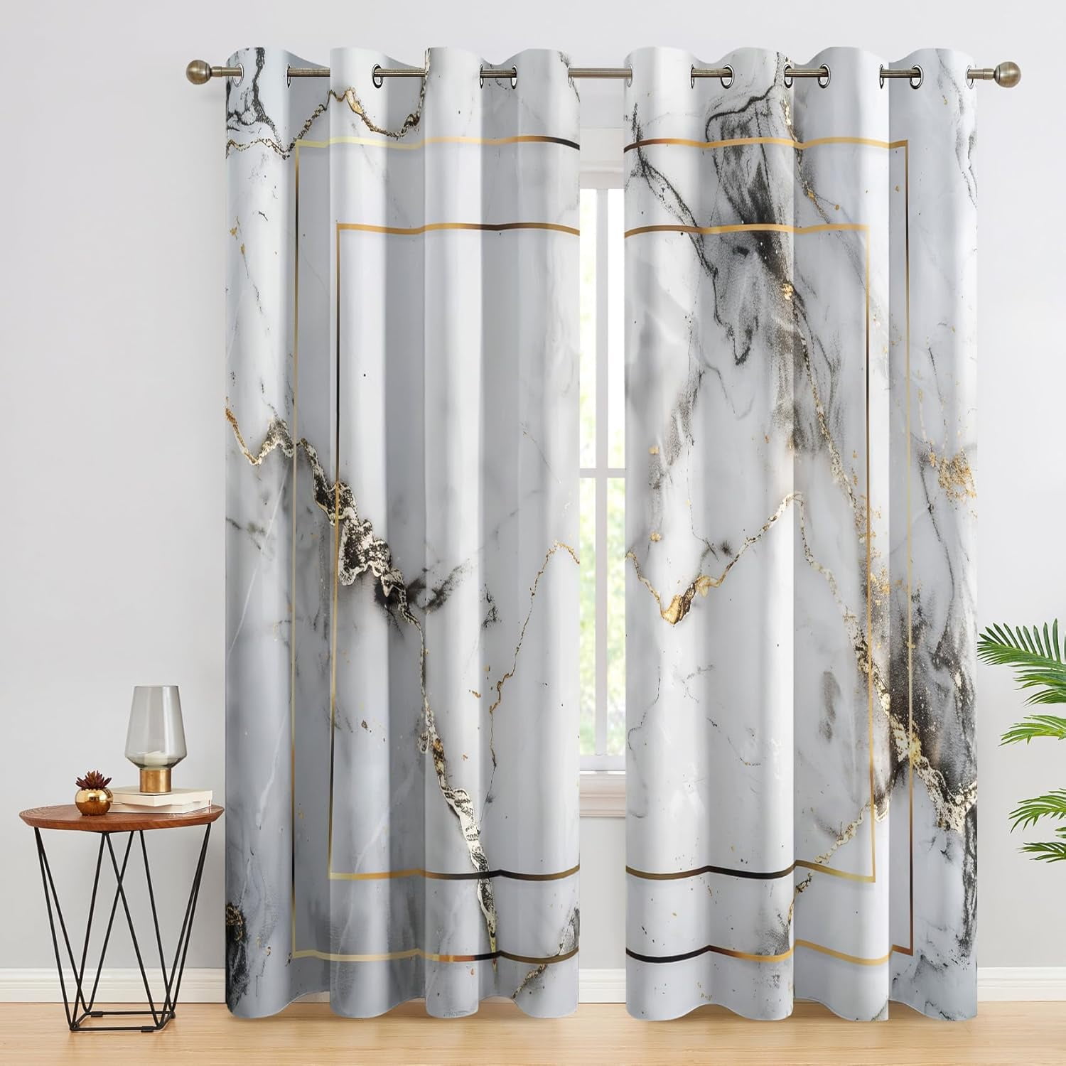 Gray Marble Blackout Window Curtains for Bedroom Gold Glitter Texture ...
