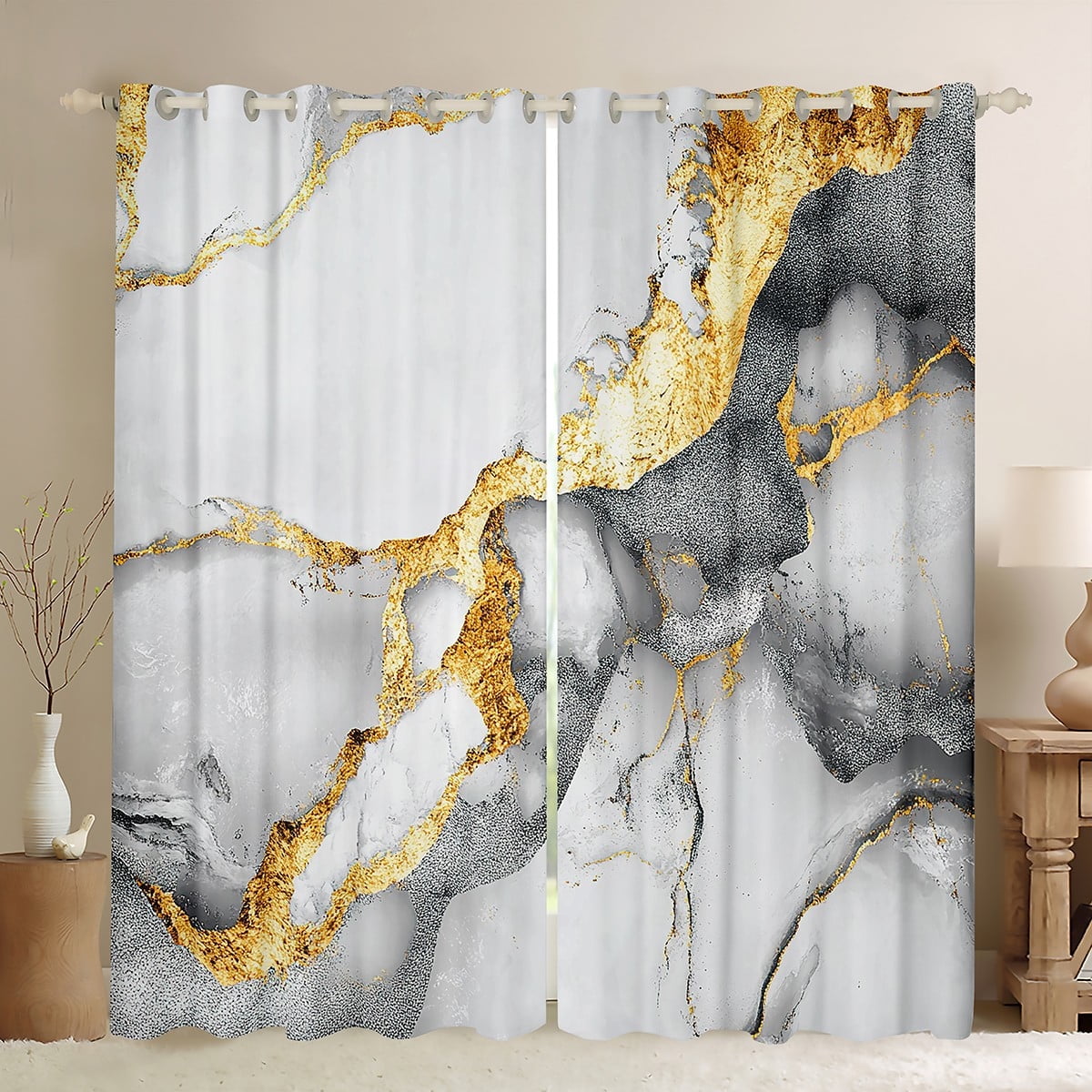 Gray Marble Curtains & Drapes 52"Wx84"L 2 Panels Gold Metallic 30%-50% ...